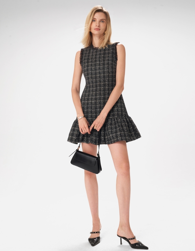 fringe-edge-ruffled-hem-tweed-dress | ひなファッション